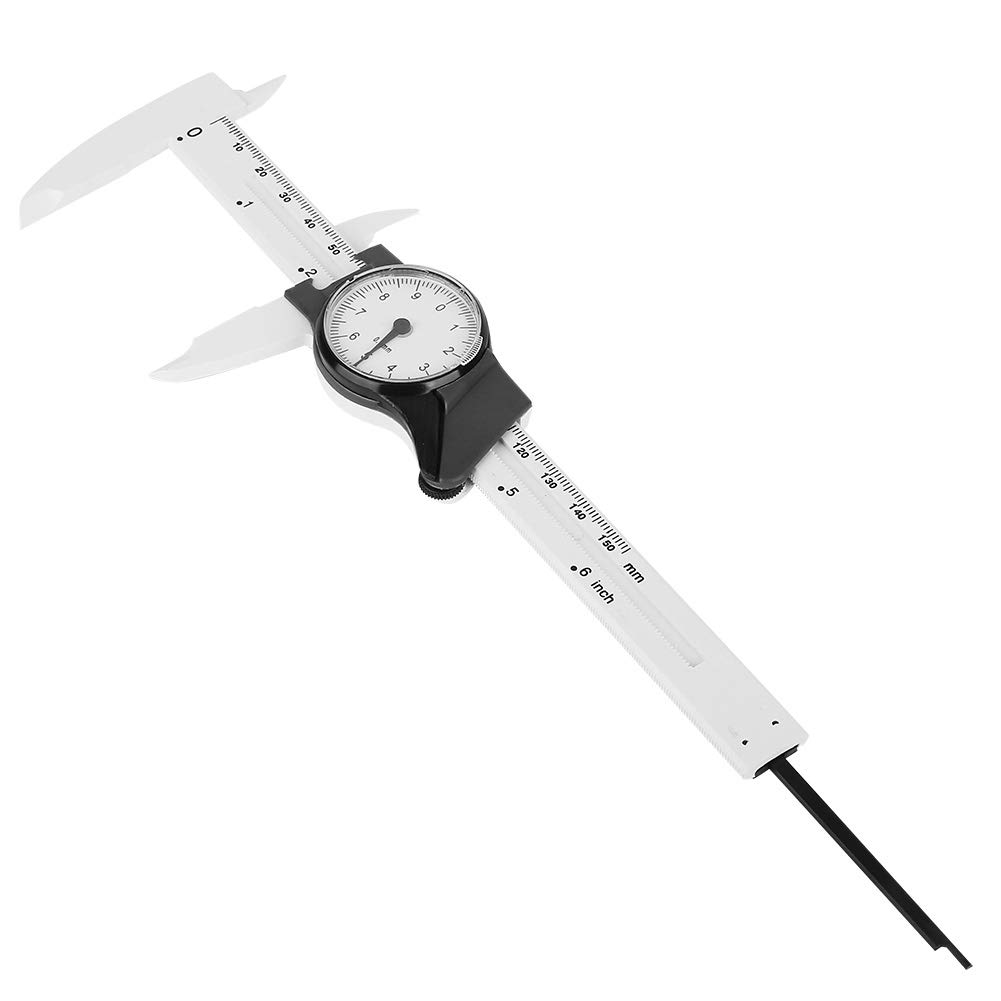 6Inch Vernier Dial Caliper, 0-150mm Plastic Dial Vernier Caliper Ruler Gauge, Plastic Dial Caliper Vernier Caliper Gauge DIY Tools - 0.1mm Read Value Imperial Standard(White)