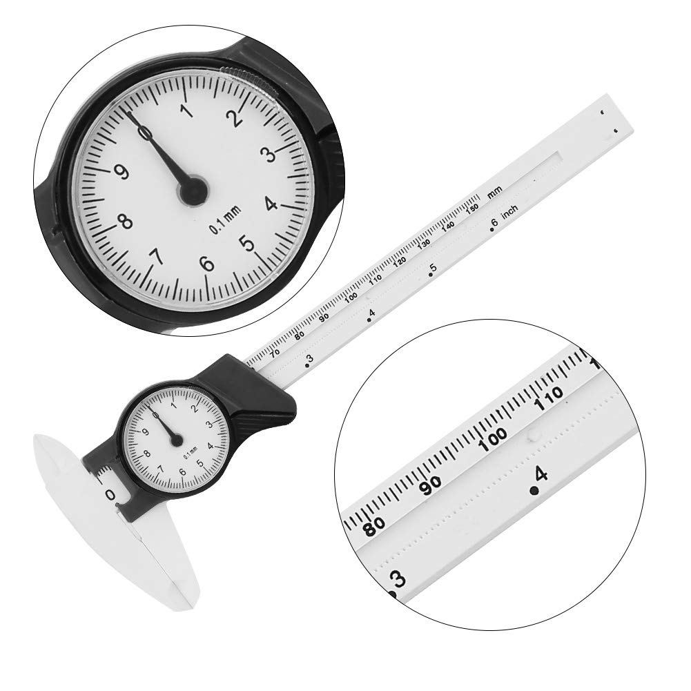 6Inch Vernier Dial Caliper, 0-150mm Plastic Dial Vernier Caliper Ruler Gauge, Plastic Dial Caliper Vernier Caliper Gauge DIY Tools - 0.1mm Read Value Imperial Standard(White)