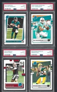 psa 10 tua tagovailoa trevor lawrence brock purdy jordan love panini donruss 4 card rookie lot graded psa gem mint 10 nfl young star quarterbacks