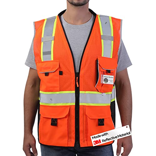 Neopelta Reflective Safety Vest Orange Mesh, Made with 3M Reflective Tape, Heavy Duty Vest with ID pocket, iPad Pocket, Padded Neck, Orange L