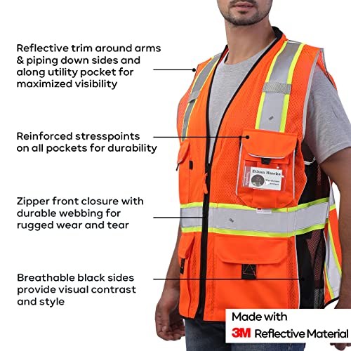 Neopelta Reflective Safety Vest Orange Mesh, Made with 3M Reflective Tape, Heavy Duty Vest with ID pocket, iPad Pocket, Padded Neck, Orange L