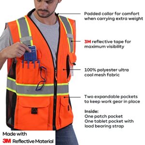 Neopelta Reflective Safety Vest Orange Mesh, Made with 3M Reflective Tape, Heavy Duty Vest with ID pocket, iPad Pocket, Padded Neck, Orange L