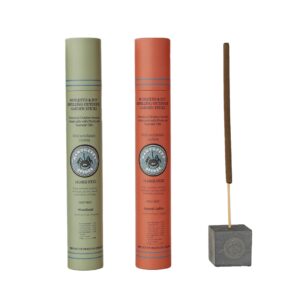 nantucket spider mosquito & fly repelling outdoor garden incense sticks bundle | 2 pack (28 sticks) & artisanal stone block incense holder (1ct) | woodland (14 sticks) & spiced coffee (14 sticks)