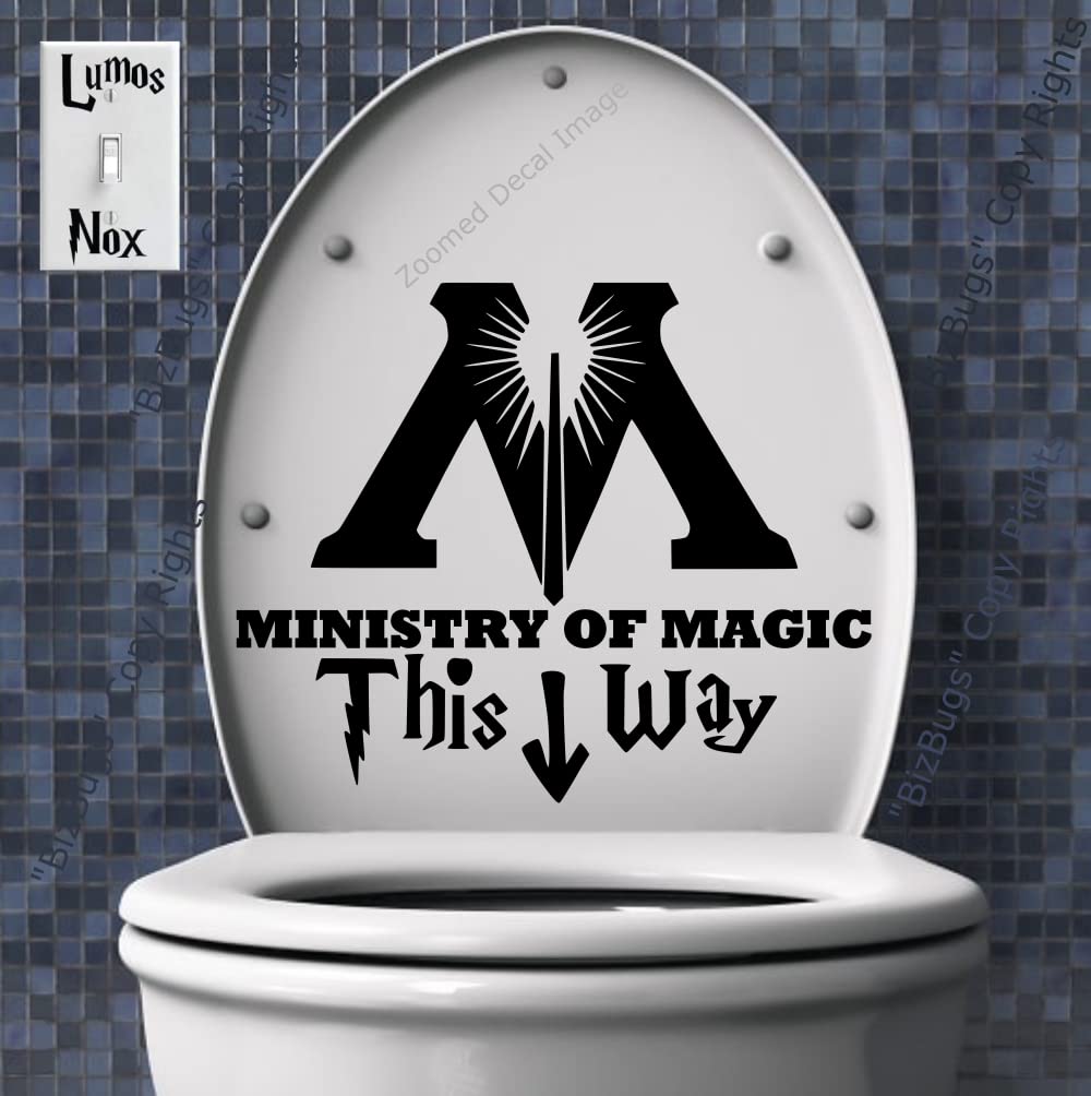 MINISTRY OF MAGIC THIS WAY Decal Die Cut Vinyl Funny Humor Quote, | FREE SWITCH DECAL | , Black, 7.5 Inches Bathroom Toilet Seat Sticker.