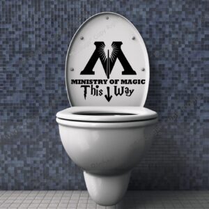 MINISTRY OF MAGIC THIS WAY Decal Die Cut Vinyl Funny Humor Quote, | FREE SWITCH DECAL | , Black, 7.5 Inches Bathroom Toilet Seat Sticker.