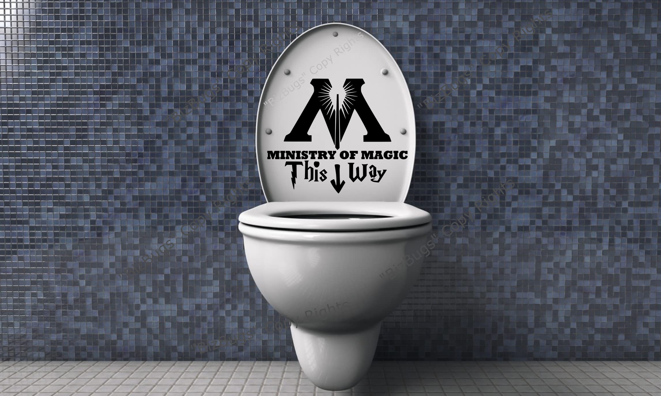 MINISTRY OF MAGIC THIS WAY Decal Die Cut Vinyl Funny Humor Quote, | FREE SWITCH DECAL | , Black, 7.5 Inches Bathroom Toilet Seat Sticker.