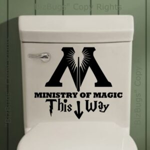 MINISTRY OF MAGIC THIS WAY Decal Die Cut Vinyl Funny Humor Quote, | FREE SWITCH DECAL | , Black, 7.5 Inches Bathroom Toilet Seat Sticker.