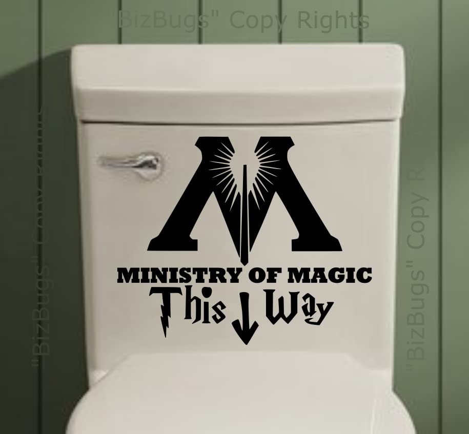 MINISTRY OF MAGIC THIS WAY Decal Die Cut Vinyl Funny Humor Quote, | FREE SWITCH DECAL | , Black, 7.5 Inches Bathroom Toilet Seat Sticker.