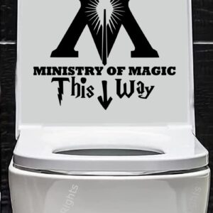 MINISTRY OF MAGIC THIS WAY Decal Die Cut Vinyl Funny Humor Quote, | FREE SWITCH DECAL | , Black, 7.5 Inches Bathroom Toilet Seat Sticker.