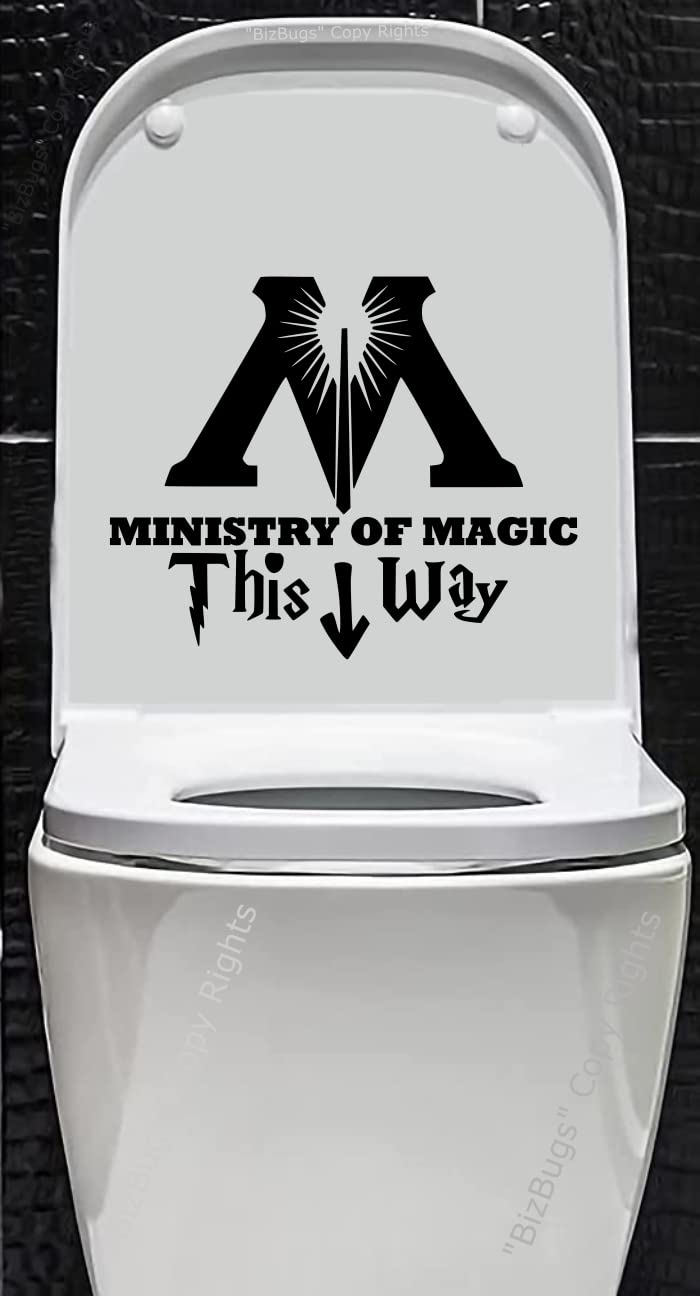 MINISTRY OF MAGIC THIS WAY Decal Die Cut Vinyl Funny Humor Quote, | FREE SWITCH DECAL | , Black, 7.5 Inches Bathroom Toilet Seat Sticker.