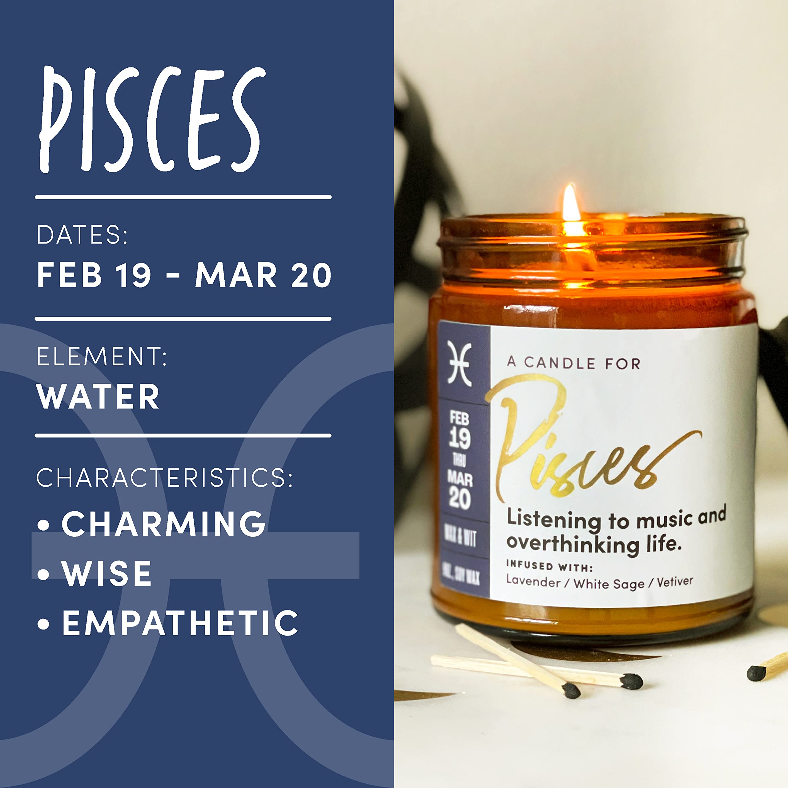 WAX & WIT Pisces Gifts for Women, Zodiac Gifts for Women, Astrology Gifts for Women, Zodiac Candles, Pisces Candle, March Birthday Gifts, February Birthday Gifts for Women, Astrology Candle - 9oz