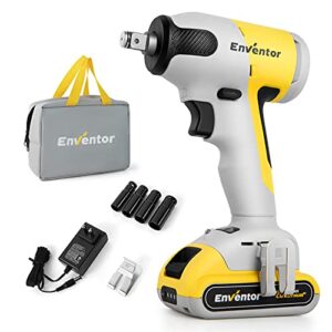 enventor 20v cordless impact wrench, brushless compact, 1/2 inch max torque, 2.0ah li-ion battery, fast charger, 4 sockets, tool bag and belt clip