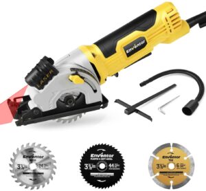 enventor mini circular saw, 4.8a electric circular saw corded with laser guide, 4000rpm, 3 saw blades 3-3/8" max cutting depth 1-1/16", compact hand saw for wood, soft metal, tile, plastic cuts