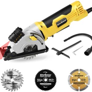 ENVENTOR Mini Circular Saw, 4.8A Electric Circular Saw Corded with Laser Guide, 4000RPM, 3 Saw Blades 3-3/8" Max Cutting Depth 1-1/16", Compact Hand Saw for Wood, Soft Metal, Tile, Plastic Cuts