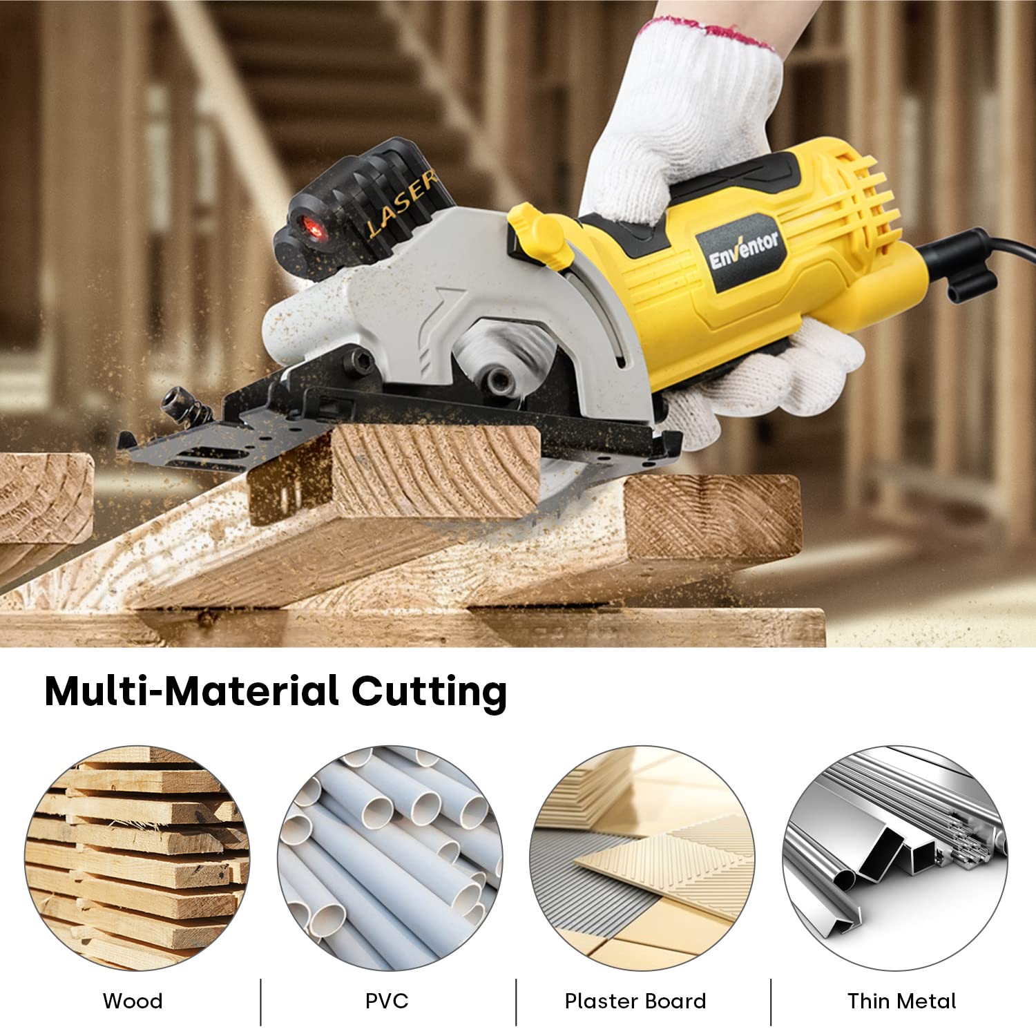 ENVENTOR Mini Circular Saw, 4.8A Electric Circular Saw Corded with Laser Guide, 4000RPM, 3 Saw Blades 3-3/8" Max Cutting Depth 1-1/16", Compact Hand Saw for Wood, Soft Metal, Tile, Plastic Cuts