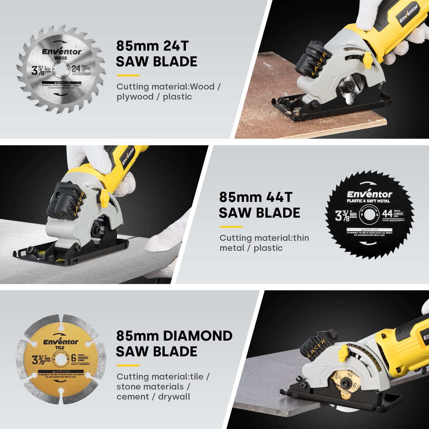 ENVENTOR Mini Circular Saw, 4.8A Electric Circular Saw Corded with Laser Guide, 4000RPM, 3 Saw Blades 3-3/8" Max Cutting Depth 1-1/16", Compact Hand Saw for Wood, Soft Metal, Tile, Plastic Cuts