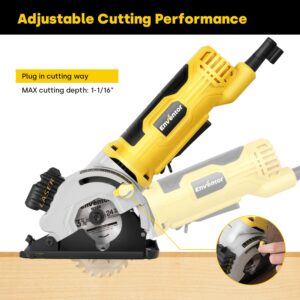 ENVENTOR Mini Circular Saw, 4.8A Electric Circular Saw Corded with Laser Guide, 4000RPM, 3 Saw Blades 3-3/8" Max Cutting Depth 1-1/16", Compact Hand Saw for Wood, Soft Metal, Tile, Plastic Cuts