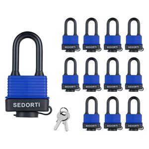 sedorti colored waterproof padlocks, heavy duty laminated steel lock with blue plastic covered, keyed alike outdoor locks, can be used as lockout tagout lock, long padlocks, pack of 12