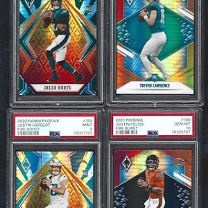 PSA 10 SHORT PRINT PANINI FIRE BURST JALEN HURTS TREVOR LAWRENCE JUSTIN HERBERT & JUSTIN FIELDS 4 CARD ROOKIE LOT GRADED PSA GEM MINT 10 NFL SUPERSTAR YOUNG QUARTERBACKS