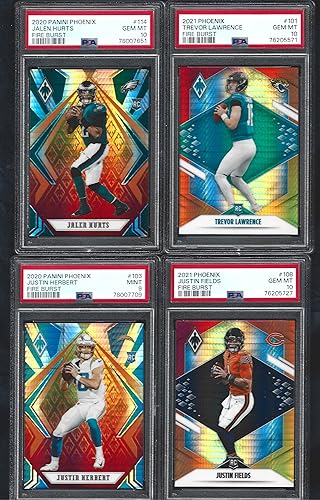 PSA 10 SHORT PRINT PANINI FIRE BURST JALEN HURTS TREVOR LAWRENCE JUSTIN HERBERT & JUSTIN FIELDS 4 CARD ROOKIE LOT GRADED PSA GEM MINT 10 NFL SUPERSTAR YOUNG QUARTERBACKS