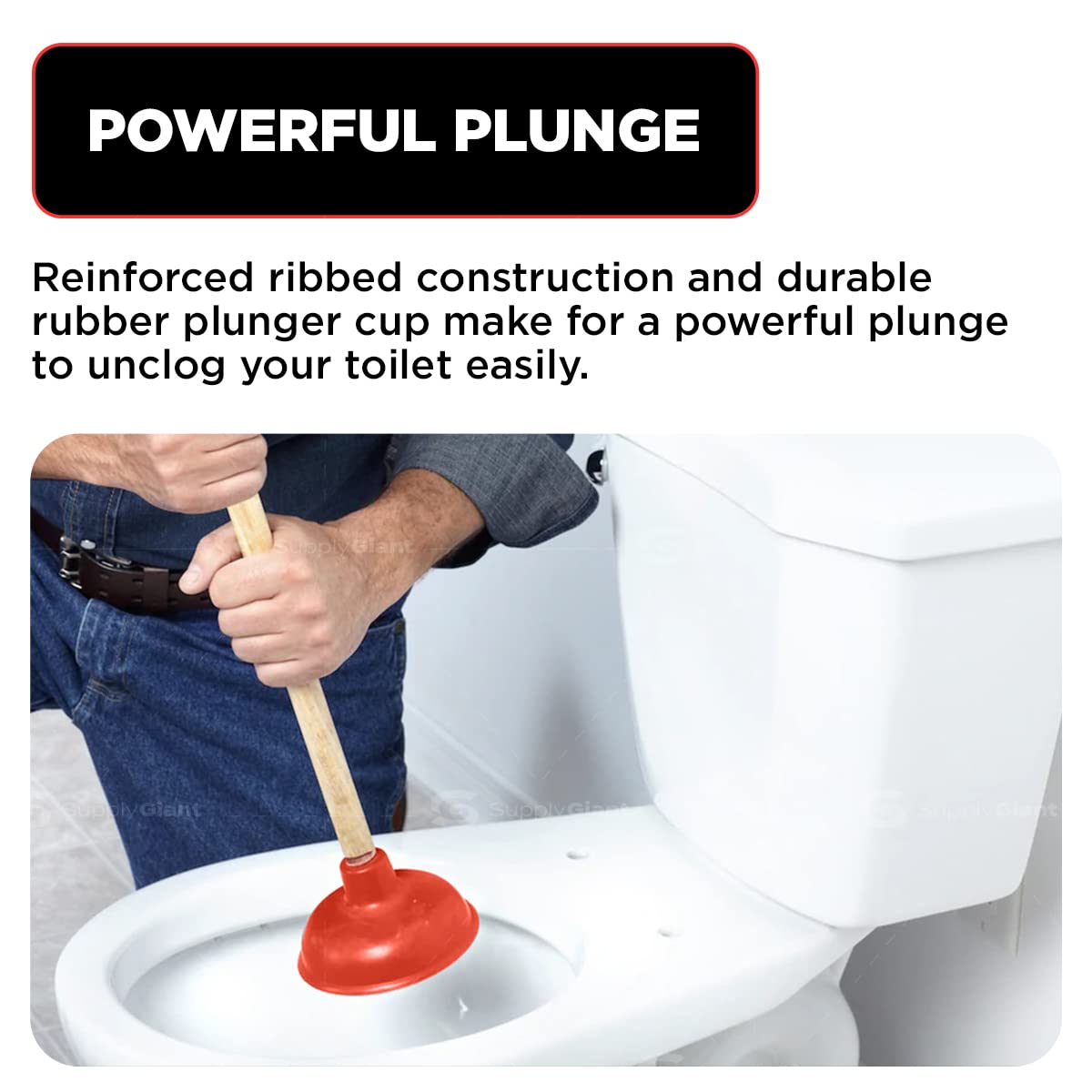 SUPPLYGIANT SU3222 Sink Plunger - Heavy Duty Rubber Plunger for Bathroom - Small Plunger for Sink with 9” Wooden Handle to Fix Clogged Basins and Tubs