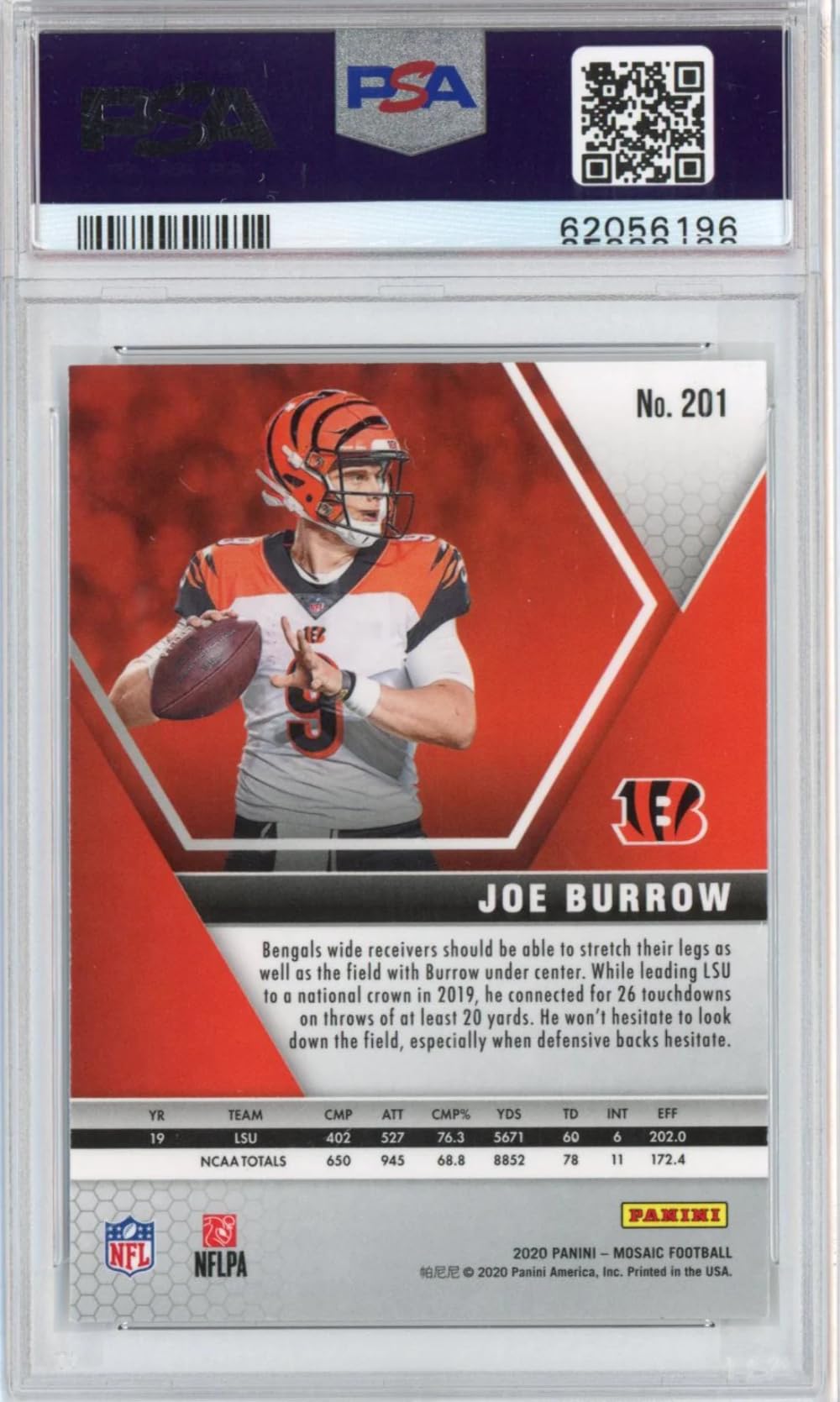 Graded 2020 Panini Mosaic Joe Burrow #201 Rookie RC Football Card PSA 9 Mint