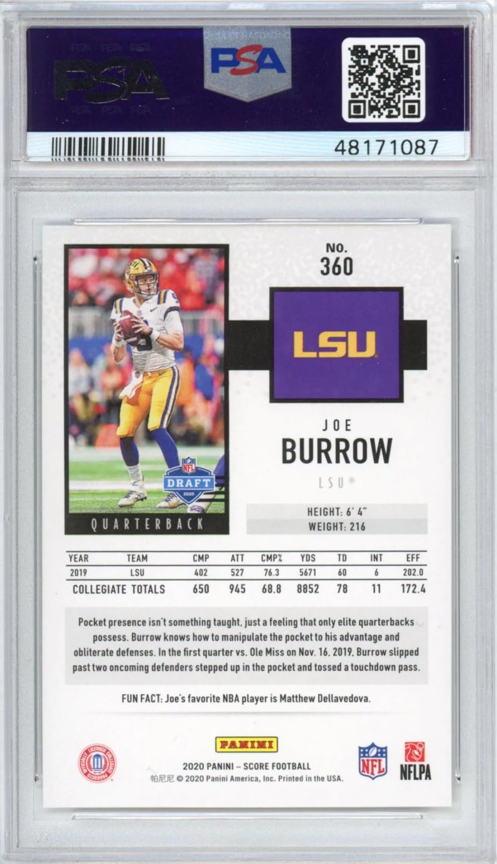 Graded 2020 Panini Score Joe Burrow #360 Rookie RC Football Card PSA 9 Mint