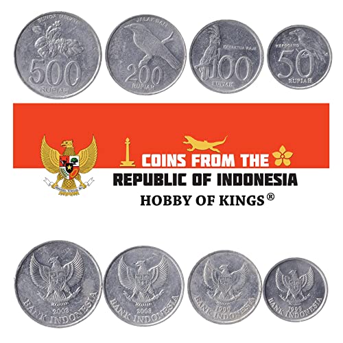 4 Coins from Indonesia | Indonesian Coin Set Collection 50 100 200 500 Rupiah | Circulated 1999-2005 | Jasmine | Black-naped Oriole | Garuda Pancasila | Palm Cockatoo | Bali myna