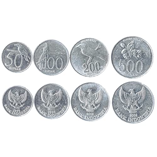 4 Coins from Indonesia | Indonesian Coin Set Collection 50 100 200 500 Rupiah | Circulated 1999-2005 | Jasmine | Black-naped Oriole | Garuda Pancasila | Palm Cockatoo | Bali myna