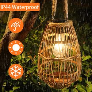 Outdoor Solar Lantern Hanging Lights - Natural Rattan Solar Lantern with Handle, Large Waterproof Led Decorative Garden Lights, Bright Rattan Solar Table Lamp for Yard Patio Wedding Home Decoration