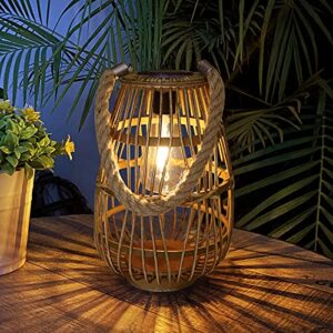 outdoor solar lantern hanging lights - natural rattan solar lantern with handle, large waterproof led decorative garden lights, bright rattan solar table lamp for yard patio wedding home decoration