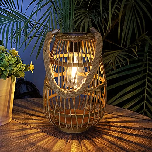 Outdoor Solar Lantern Hanging Lights - Natural Rattan Solar Lantern with Handle, Large Waterproof Led Decorative Garden Lights, Bright Rattan Solar Table Lamp for Yard Patio Wedding Home Decoration