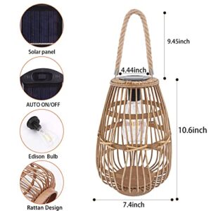 Outdoor Solar Lantern Hanging Lights - Natural Rattan Solar Lantern with Handle, Large Waterproof Led Decorative Garden Lights, Bright Rattan Solar Table Lamp for Yard Patio Wedding Home Decoration