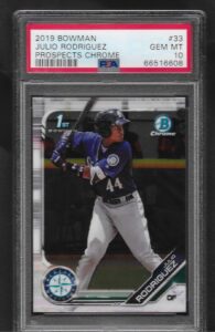 psa 10 2019 bowman chrome julio rodriguez rookie card #33 graded psa gem mint 10 mariners superstar rookie of the year favorite