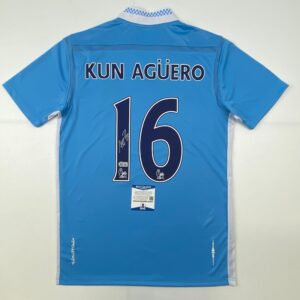 autographed/signed sergio kun aguero manchester city blue soccer futbol jersey beckett bas coa