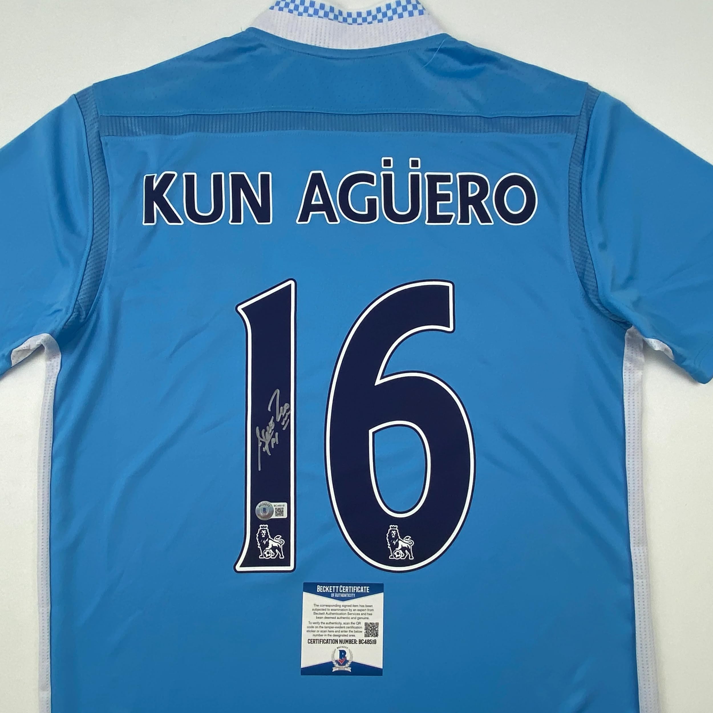 Autographed/Signed Sergio Kun Aguero Manchester City Blue Soccer Futbol Jersey Beckett BAS COA