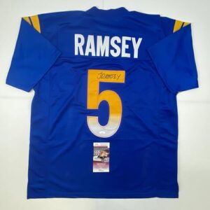 autographed/signed jalen ramsey los angeles la blue football jersey jsa coa