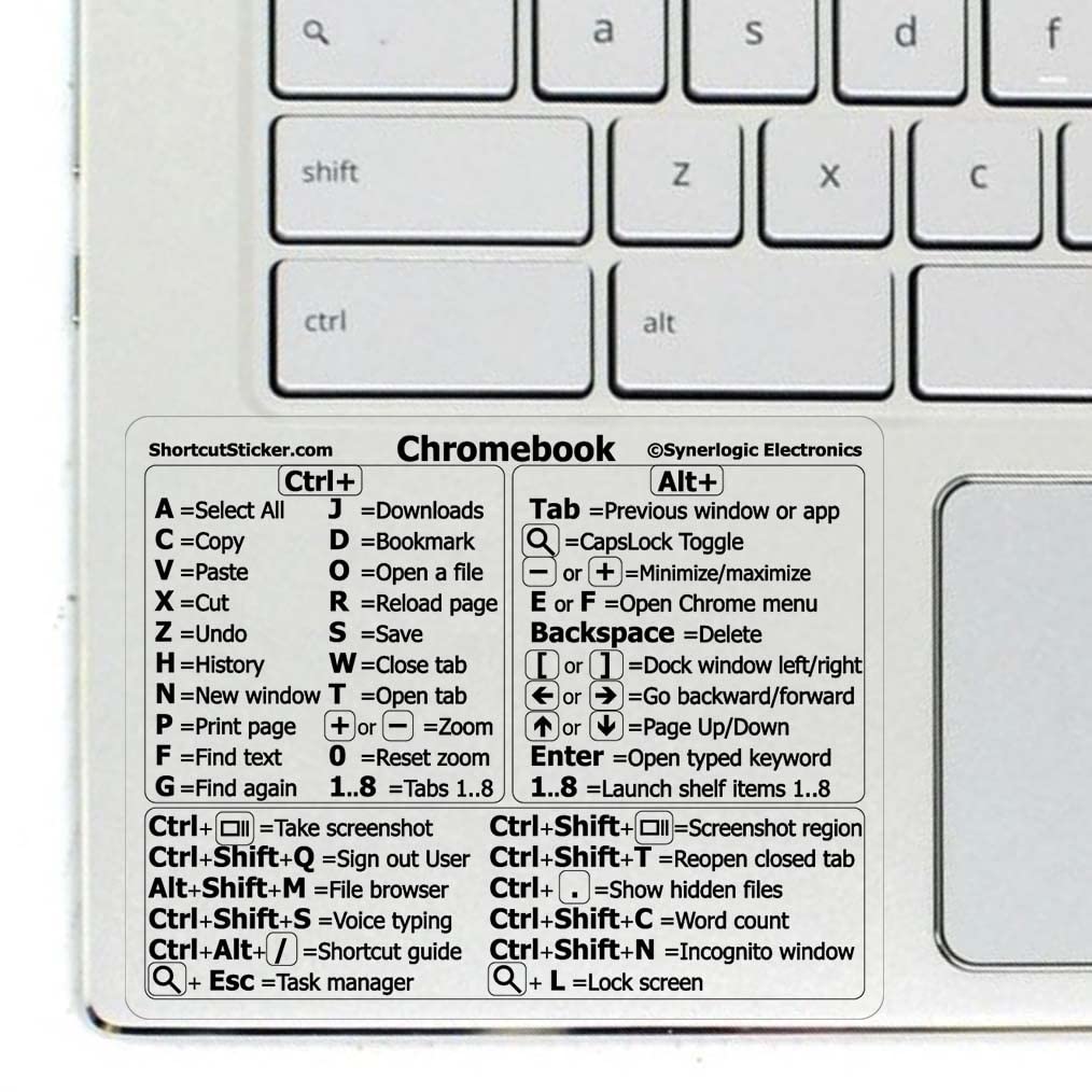 SYNERLOGIC Chrome OS Reference Keyboard Shortcut Sticker - No-Residue Vinyl - Size 3"x2.4" for Any Brand Chromebook Laptop Running Chrome OS (Clear)