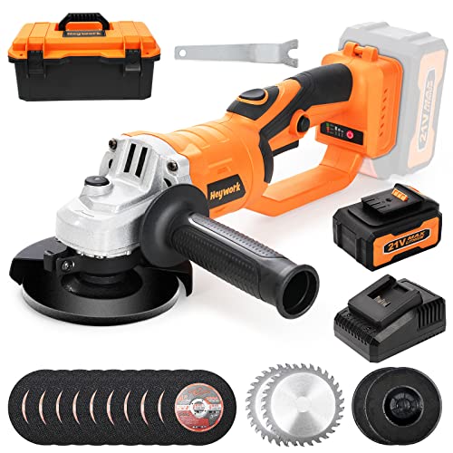 Heywork 21V Cordless Grinder Kit,4" Blade,10000 RPM Brushless Motor Cordless Angle Grinder,4Ah Lithium Ion Battery Grinder & Quick- Charger,2-Position Handle,Cutting and Grinding Wheels