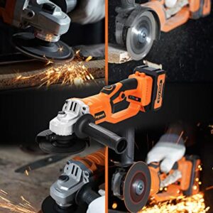 Heywork 21V Cordless Grinder Kit,4" Blade,10000 RPM Brushless Motor Cordless Angle Grinder,4Ah Lithium Ion Battery Grinder & Quick- Charger,2-Position Handle,Cutting and Grinding Wheels