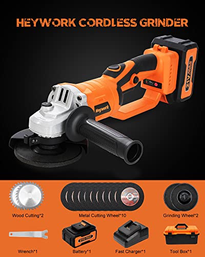 Heywork 21V Cordless Grinder Kit,4" Blade,10000 RPM Brushless Motor Cordless Angle Grinder,4Ah Lithium Ion Battery Grinder & Quick- Charger,2-Position Handle,Cutting and Grinding Wheels