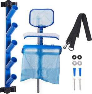 zomofew pool cleaning accessory holder, blue, 5-in-1 design, holds brushes, nets, vacuum cleaners, poles, weatherproof