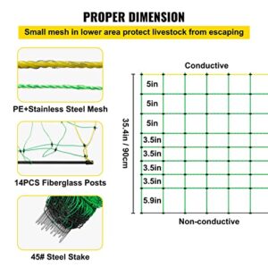 VEVOR Electric Fence Netting, 35.4" H x 164' L, PE Net Fencing with 14 Posts Double Spiked, Utility Portable Mesh for Goats, Sheep, Lambs, Deer, Hogs, Dogs, Used in Backyards, Farms and Ranches, Green