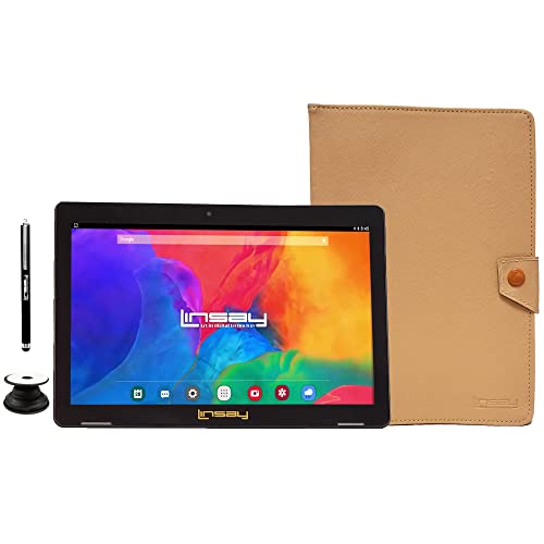 LINSAY 10.1" 1280x800 IPS 2GB RAM 32GB Storage Android 11 Tablet with Light Brown Leather Case, Pop Holder and Pen Stylus