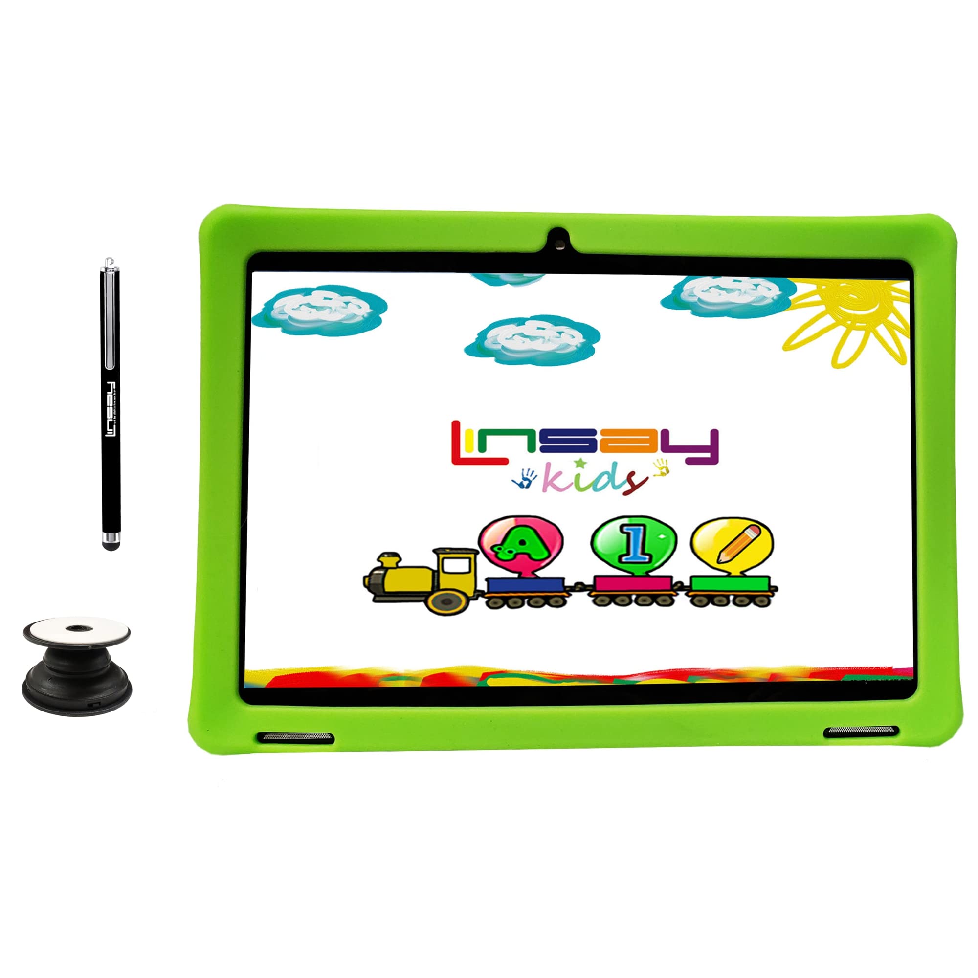 LINSAY 10.1" 1280x800 IPS 2GB RAM 32GB Android 11 Tablet with Kids Green Defender Case, Pop Holder and Pen Stylus