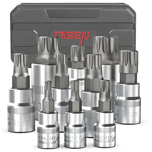 DISEN 10 Pieces XZN Triple Square Spline Bit Socket Set with Enhanced Storage Case, Chrome Vanadium Steel & S2 Alloy Steel, Metric Size 4MM-18MM