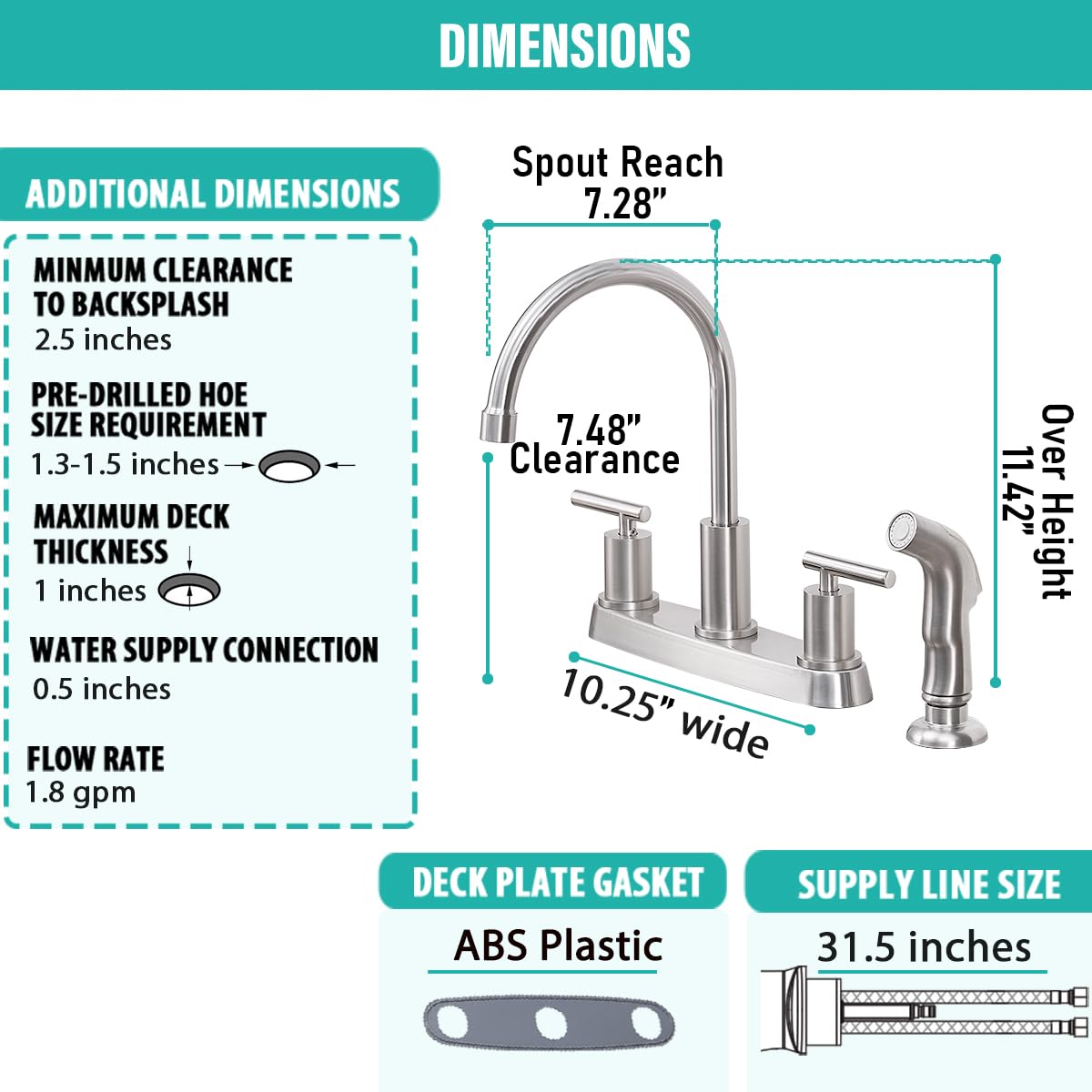 Kitchen Faucet with Sprayer, Brushed Nickel Kitchen Sink Faucet, 3 or 4 Hole RV Faucet for Kitchen Sink, Stainless Steel Touch Kitchen Faucet with Side Sprayer, TDLKF024L