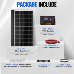 ECO-WORTHY 200 Watts 12 Volt/24 Volt Solar Panel Kit with High Efficiency Monocrystalline Solar Panel and 30A PWM Charge Controller for RV, Camper, Vehicle, Caravan and Other Off Grid Applications