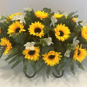 Cemetery Headstone Saddle Arrangement with Yellow Sunflowers and White Daisies-Grave Decoration