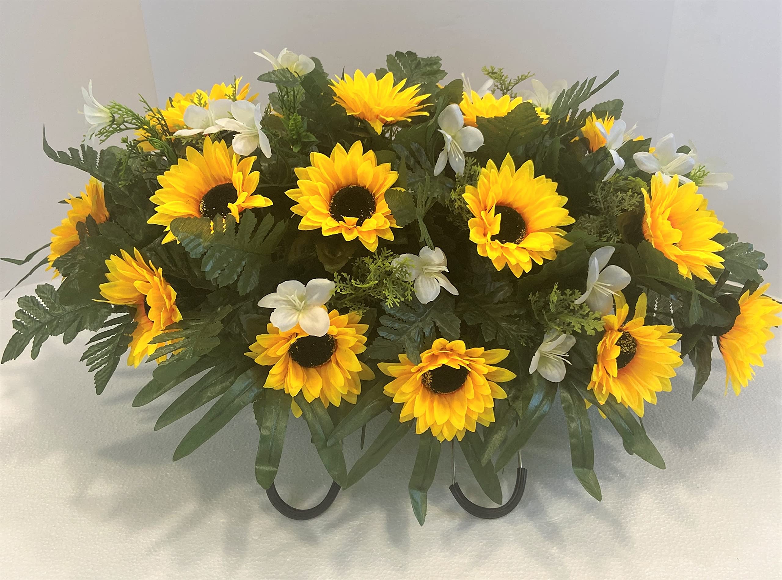 Cemetery Headstone Saddle Arrangement with Yellow Sunflowers and White Daisies-Grave Decoration